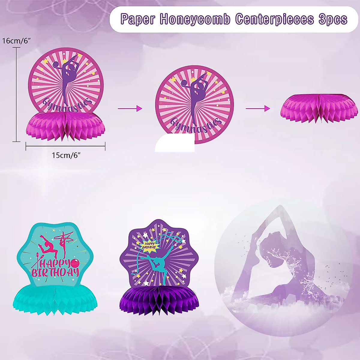 Gymnastics Party Decorations, Gymnastic Birthday Party Supplies with Birthday Banner, Honeycomb Centerpieces, Gymnastics Party Latex Balloons for Girls Gymnastics Theme Dance Party (A)