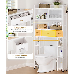 Cozivolife Over The Toilet Storage Cabinet with Acrylic Sliding Door Panel,Bamboo Organizer Shelf with 2 Toilet Paper Drawers and 1 Big Drawer,Toilet Rack for Bathroom (White)