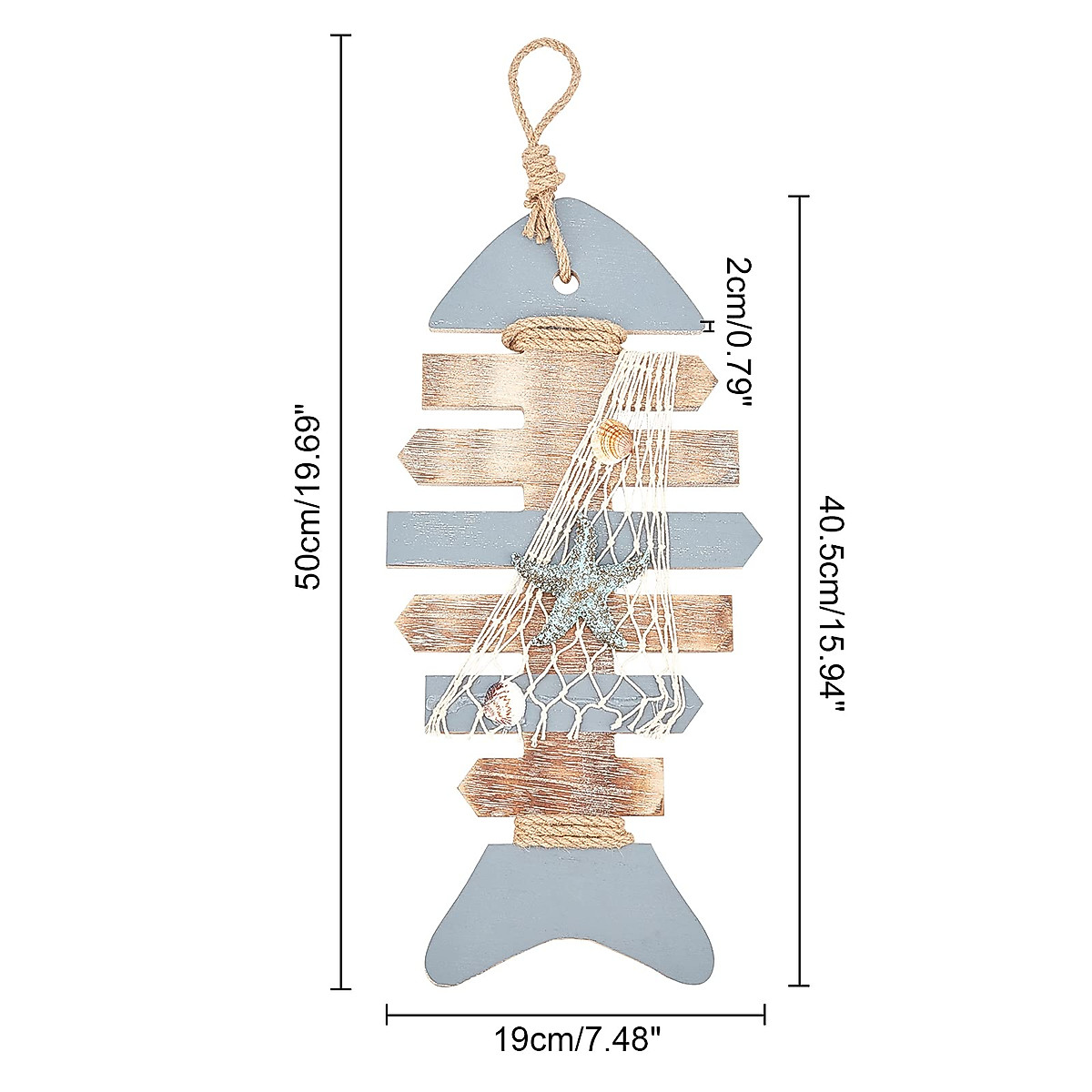 PH PandaHall 50cm/19 Inch Wooden Fish Wall Decor Beach Theme Home Decor Nautical Decoration Fish Bone Wall Decor with Starfish and Shells for Home Holiday House Garden Office Hotel Party, 1pc