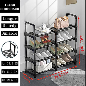 RightTech 4-Tier Shoe Rack, 90CM Long Adjustable & Stackable Metal Shoe Shelf Storage Organizer, Heavy Duty Metal Free Standing Shoe Rack for Entryway Closet Doorway, Black