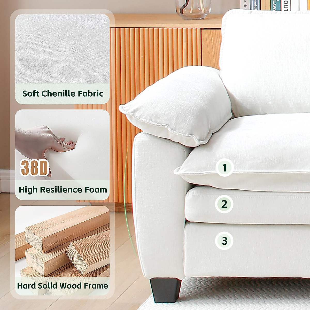 mestyl Comfy Sectional Couch with Ottoman, L Shaped 3 Deep Seat Fluffy Cloud Sofa, 120" Modern Modular Soft Couches Set for Living Room, Chenille, Beige White, MT001