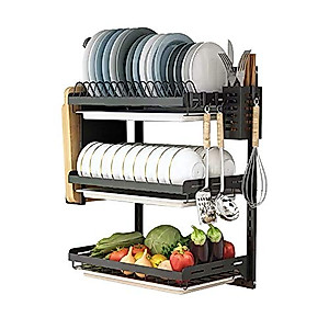 Ctystallove 3 Tier Black Stainless Steel Dish Drying Rack Fruit Vegetable Storage Basket with Drainboard and Hanging Chopsticks Cage Knife Holder Wall Mounted Kitchen Supplies Shelf Utensils Organizer
