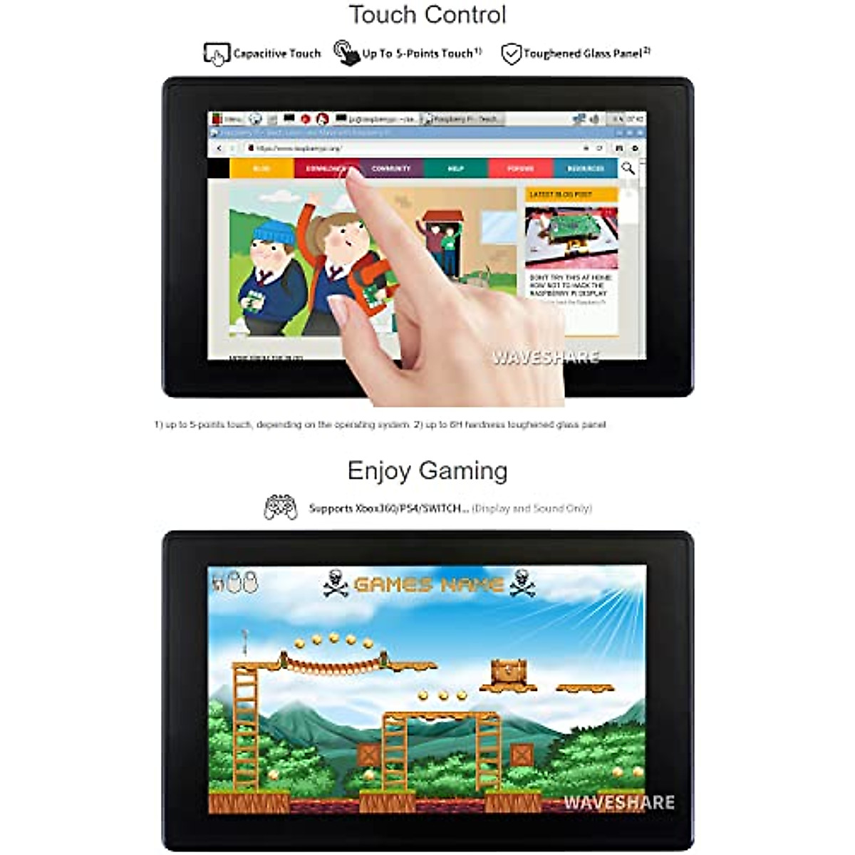 Waveshare 7inch Capacitive Touch Screen LCD (H) with Case, Compatible with Raspberry Pi 5/4B/3B/Zero/Zero W/Zero 2W/Pico/Pico W/Pico WH, 1024×600, HDMI, IPS