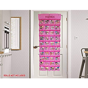 HOME4 LOL Toys Hanging Over The Door Storage Organizer Carrying Travel, 40 Clear View Pockets, Roll Up, for Small Dolls, Cars, Jewelry, Hair Accessories, Arts & Crafts, Bead, Sewing and More (Pink)
