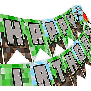 Gaming Pixel Blast Happy Birthday Banner - Pixel Party Supplies - Miner Party Decorations - Blast