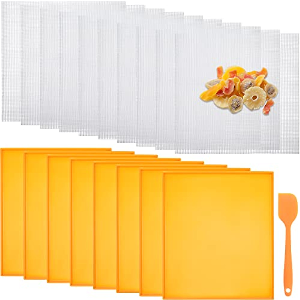 8 Pcs Silicone Dehydrator Sheets with Edge and 10 Pcs Mesh Dehydrator Mats with Silicone Scraper Silicone Tray Fruit Leather Trays for Dehydrator Non Stick Dehydrator Accessories for Liquid Meat Fruit