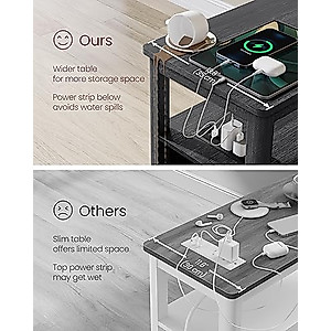 VASAGLE Side Table with Charging Station, Narrow Nightstand with 2 Drawers, Living Room End Table with Storage, for Small Spaces, Coastal Style, Charcoal Gray ULET322B22