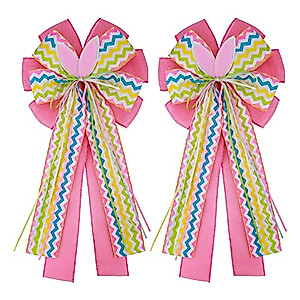 Meseey 2 Pcs Large Easter Burlap Bow 20 x 10 Inch Wreaths Spring Bunny Rabbit Bows for Gift Wrapping Tree Topper Front Door Party Home Decorations (Easter)