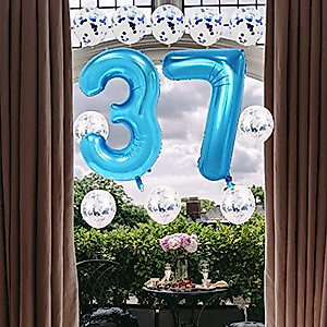 12pcs Blue Balloon Set Number 37 Balloon Kit Giant 37 Digital Foil Balloon Confetti Latex Helium Balloon Party Favors for 37th Birthday Wedding Anniversary Engagement Photo Props,37th Birthday Party