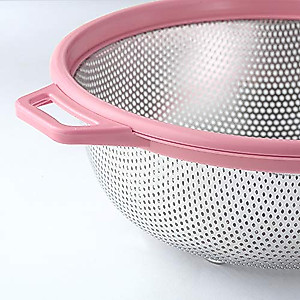 HiramWare Stainless Steel Colander With Handle and Legs, Large Metal Pink Strainer for Pasta, Spaghetti, Berry, Veggies, Fruits, Noodles, Salads, 5-quart 10.5” Kitchen Mesh Colander, Dishwasher Safe
