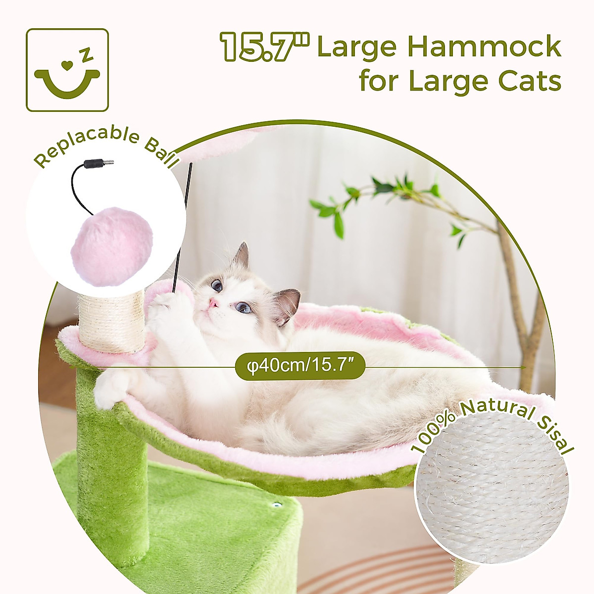 Pawfessor Flower Cat Tree 4 in 1 Cat Scratching Post for Indoor Cats 34" Small Cat Tower for Large Cats, with Full Scratch Posts,15.7”Large Hammock, Removable Perch and Wide Condo for Indoor Cats-Pink