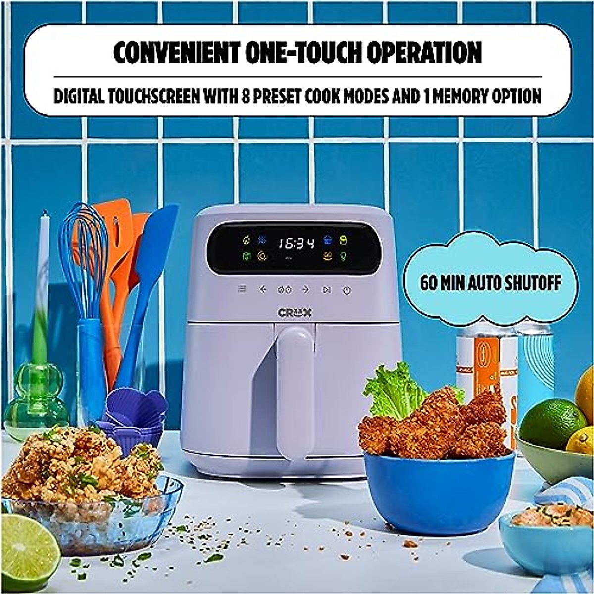 CRUX x Marshmello 3.0 QT Digital Air Fryer with TurboCrisp Technology, Touch Screen Temperature Control, Timer and Auto Shut-off, Fully Programmable, Silicone Cupcake Molds Included, Lavender