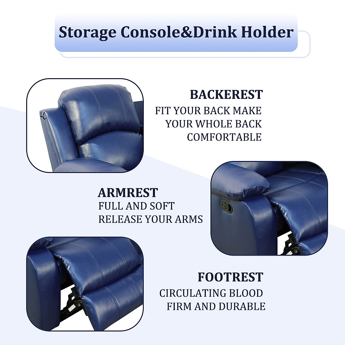 GEBADOL 2 Seaters Recliner Loveseat, Leather Reclining Couch with Cup Holder and Center Console for Living Room/Apartment/Office, Blue