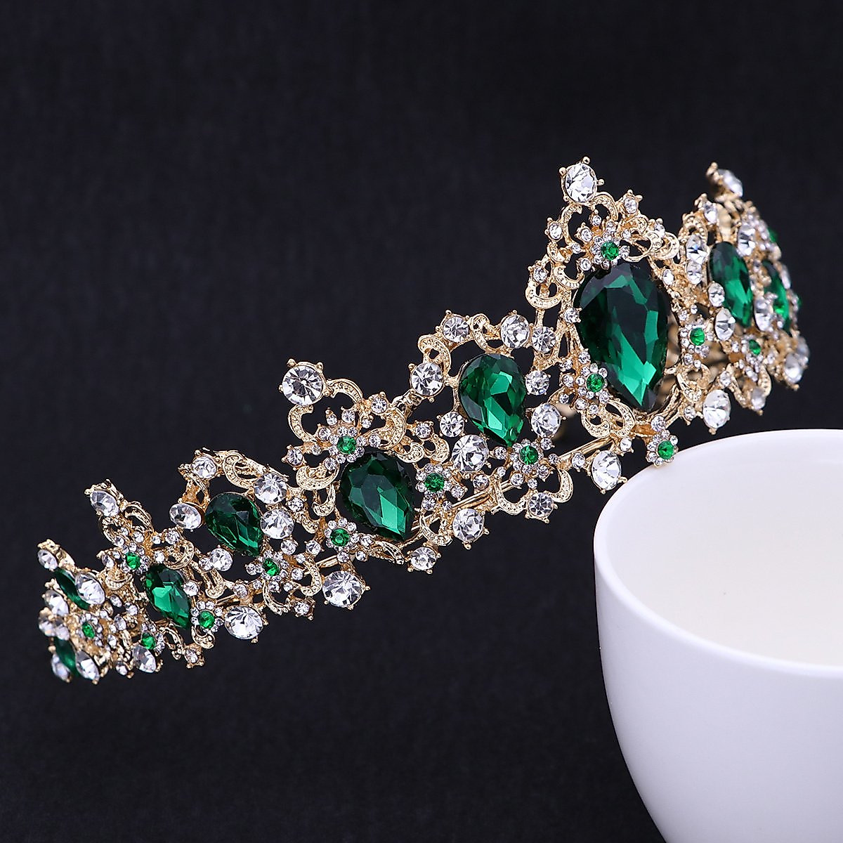 Frcolor Royal Crystal Tiara Green Rhinestone Queen Tiara Wedding Crown Princess Hair Accessories for Bridal (Emerald Color)