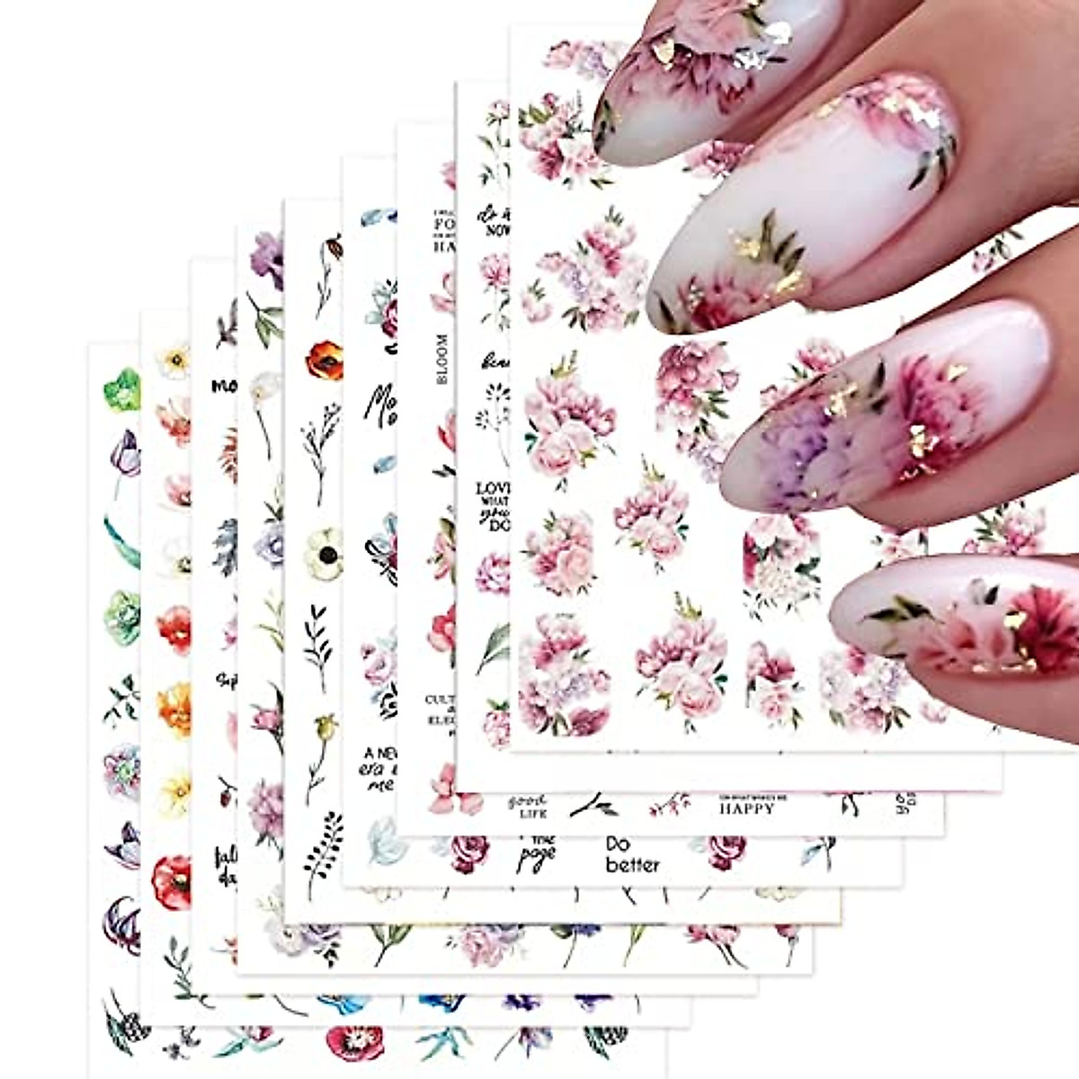 Baoximong 9 Sheets Flower Nail Art Stickers Decals 3D Self-Adhesive Nail Decals Spring Floral Nail Art Supplies Charming Daisy Leave Peony Nail Accessories for Women Nail Decorations Design