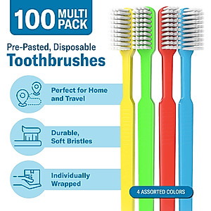 Blasting Health Bulk Disposable Soft Bristles Toothbrushes, Individually Wrapped, Assorted Colors, 39 Tufts - 100 Pack (Pre-Pasted)