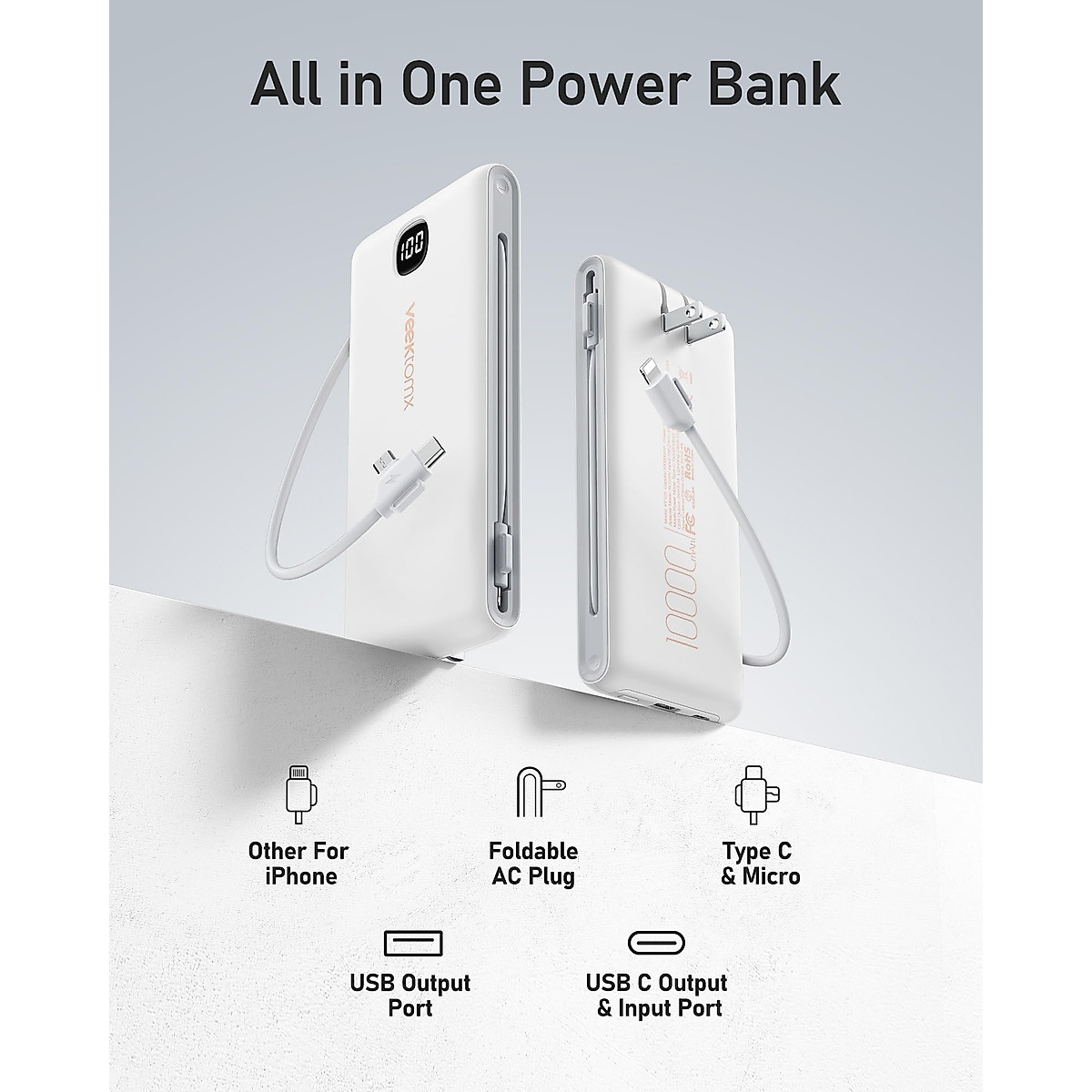 VEEKTOMX Power Bank with Built in Cables 22.5W 10000mAh, Portable Charger for iPhone with AC Wall Plug, Fast Charging USB C Slim iPhone Charger with LED Display Compatible with iPhone15/14/13, Samsung