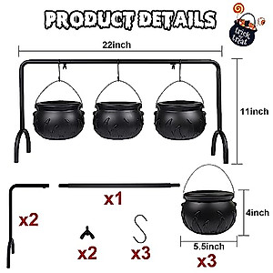Zimati Halloween Witch Cauldron Candy Serving Bowl Hocus Pocus Decorations, Set of 3 Black Plastic Cauldron Bowls with Iron Rack, Spooky Candy Bucket Punch Bowls for Table Home Party Decor