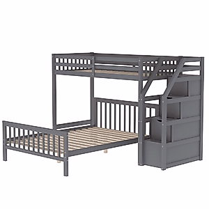 Harper & Bright Designs Gray Twin Over Full Bunk Beds with Staircase, Wooden L Shaped Bunk Beds for Kids, Twin Size Loft Bed with Storage Drawers and Full Platform Bed, No Box Spring Needed (Gray)