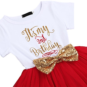 Kids Girl Princess It's My 1st/2nd Birthday Party Cake Smash Boutique Outfit Sequin Bow Tie Tulle Tutu Dress Clothes Gold Headband+Red(2 Years)