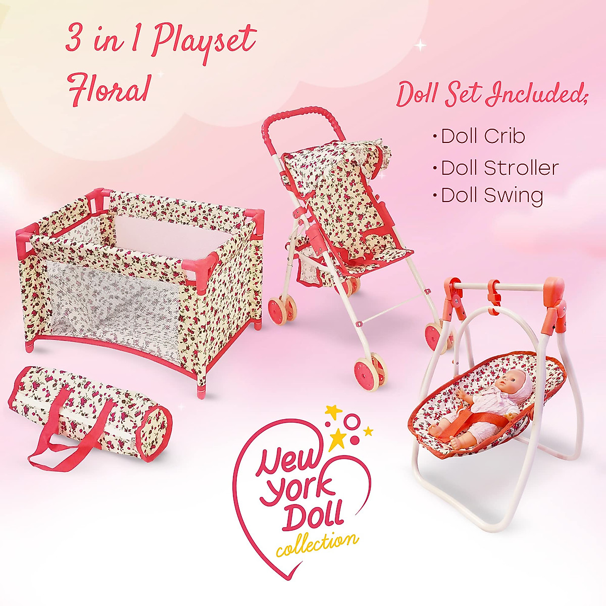 Baby Doll Accessories Set - 3-1 Baby Doll Furniture Set with Baby Doll Stroller, Baby Doll Crib, Baby Doll Swing - Baby Doll Bed Set for 18” Doll - Play Baby Doll Toys for 18" Dolls - Floral