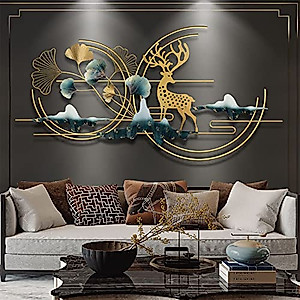 POCHY Metal Wall Art Ginkgo Leaf Wall Decoration Golden Deer Wall Art Wall-Mounted Sculpture for Sofa Background Study office 3D Hanging Size:130x65cm