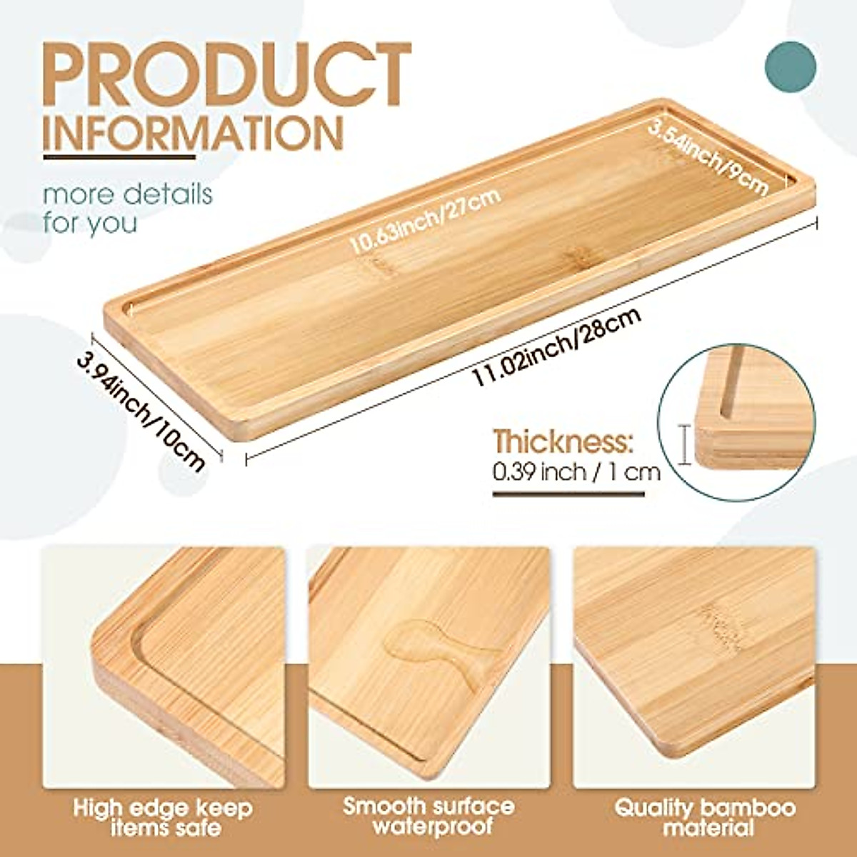 Bamboo Tea Serving Tray 3 Pcs Decorative Multi Use Bathroom Rounded Edges Vanity Tray for Dresser Counter Food, Coffee, Snack, Tissues Candles, 11 x 4 Inch