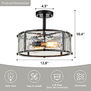 TinHon Black Semi Flush Mount Ceiling Light,12.8" Modern Small Drum Close to Ceiling Light Fixture,Easy to Install 2-Light Lightweight Glass Ceiling Lights for Dining Room,Living Room,Kitchen