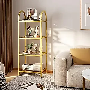 Arbuxzuy 4-Tier Bookcase ，Small Bookshelf ，Narrow Tempered Glass Bookshelves，Slim Shelving Unit for for Living Room, Bedroom, Home Office, Gold
