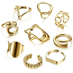 FIBO STEEL 9 Pcs Gold Chunky Rings for Women 18K Gold Plated Ring Set Dome Thick Open Rings Adjustable Gold tone