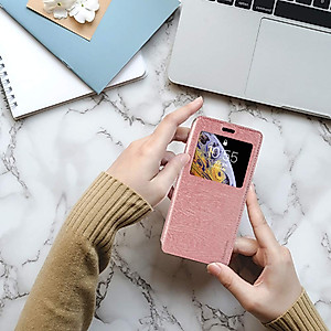 for Emporia Smart 4 Case, Wood Grain Leather Case with Card Holder and Window, Magnetic Flip Cover for Emporia Smart 4 (4.95”) Rose Gold