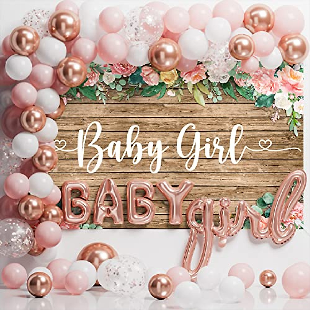 Ecomore Baby Shower Decorations for Girl - 249 PCS Baby Girl Gender Reveal Party Supplies & Disposable Dinnerware Set (25 Guest) with Pink Rose Gold Floral Paper Plates Backdrop Tablecloth Balloon Kit