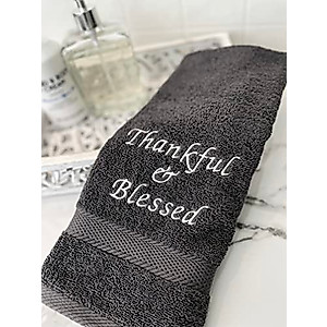 Liberty21 Embroidered Hand Towels with Inspirational Message: Thankful & Blessed (1 Set of 2 Hand Towels) for Bathroom, Kitchen or Spa. (Dark Grey)