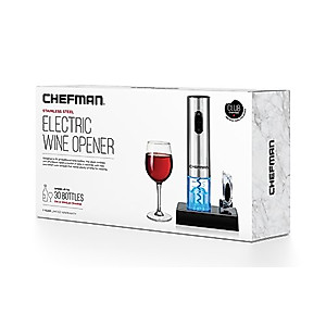 Chefman Electric Wine Opener W/ Foil Cutter, One-Touch, Open 30 Bottles On Single Charge, Automatic Corkscrew & Foil Remover, Rechargeable Battery, 110 Watts, 120 Volts