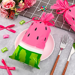 Whaline 100Pcs Watermelon Treat Bags Pink Green Candy Cellophane Bag 10.8 x 5 Inch Watermelon Plastic Goody Bags with Red Ribbon for Birthday Watermelon Party Favor Supplies Gift Summer Decoration