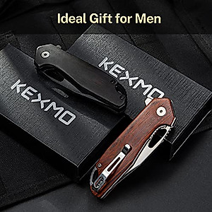 KEXMO Pocket Knife for Men - 2.96'' Ultra Sharp D2 Blade Rosewood Handle Folding Pocket Knife with Clip - Small EDC Wood Knife for Tactical Survival Camping Hunting Gift for Men Dad Husband Women