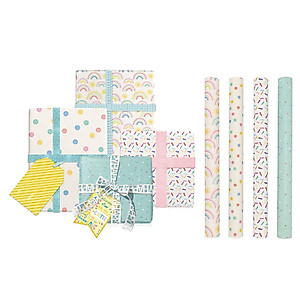 BIOBROWN Birthday Wrapping Paper Roll Set for Kids, Gift Wrap Bundle (4 Sheets, 18.88 sq. ft. ttl.) with Reversible Wrap Paper, Ribbons, and Tags for Baby Shower, Party - Rainbow Dot