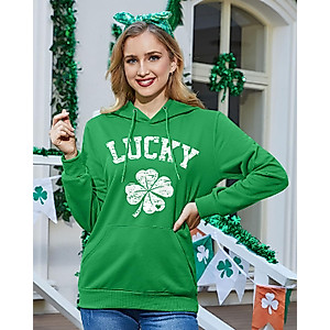 St Patrick's Day Women Green Long Sleeve Sweatshirt Graphic Print Shamrock Four Leaf Hoodie Lucky Clover M