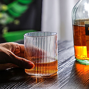 NF Old Fashioned Whiskey Glasses ,Retro Vertical Striped Glass Beverage Cups Glassware for Water, Beer, Juice, Bar Liquor Decor Gift (Thin line)