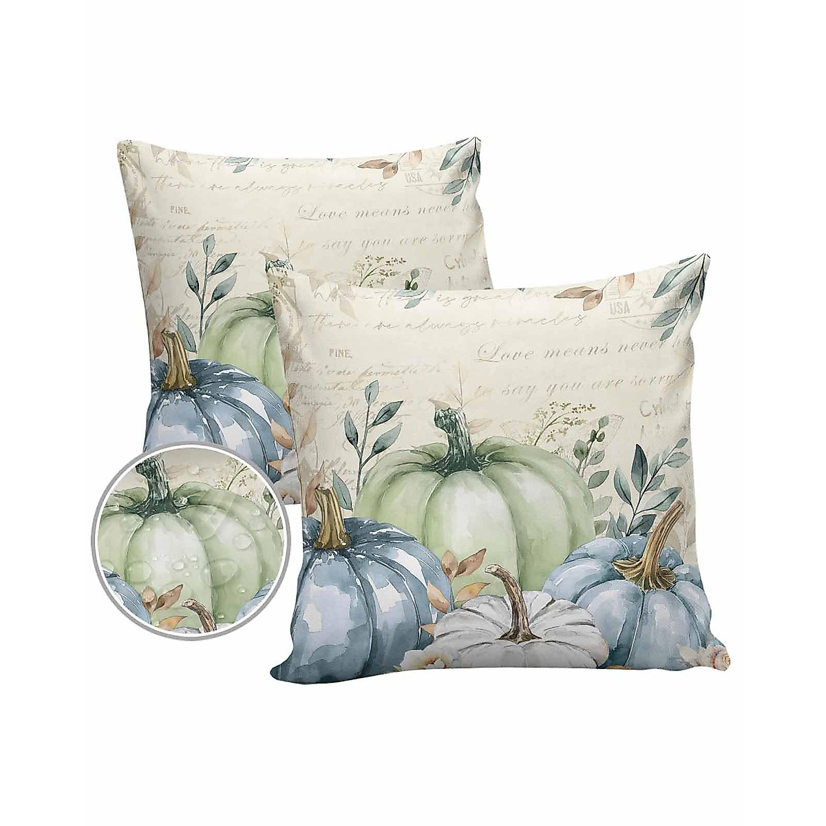 MUSWEDSEP Outdoor Pillow Covers Pack of 2,Fall Thanksgiving Pumpkin Green Blue Farm Plants Waterproof Throw Pillow Cover Decorative Cushion Case for Patio Garden Couch Sofa,Retro Letter Pillowcase