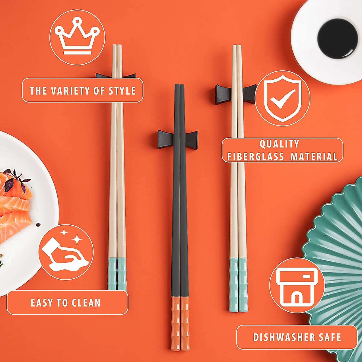 5 Pairs Family Reusable Chopsticks Dishwasher Safe, 9.6 inch/24.3cm Non-Slip Hotel/ Restaurant Japanese Chop Sticks, Chinese ChopStick Gift Set, Blue&Yellow