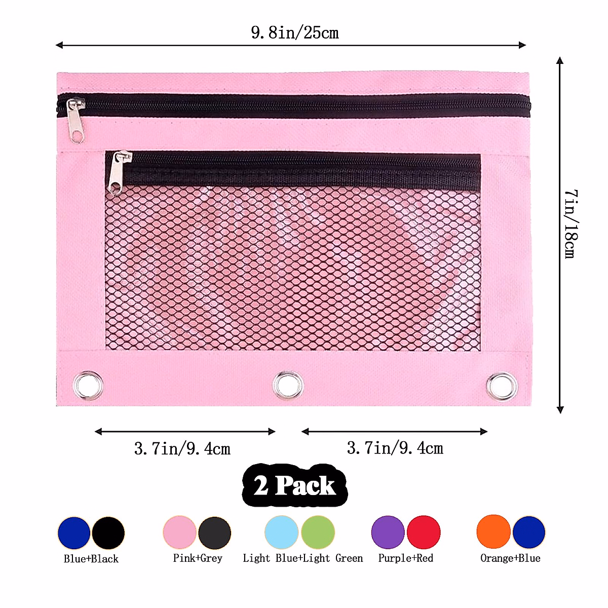 SORDIM 3 Ring Binder Pencil Pouch, 2 Pack Pencil Pouches with Zipper-Pencil Case with Double Pocket and Mesh Window (pink and grey)