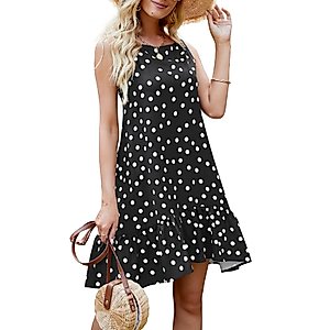 Amoretu Women Tunic Dresses Casual Summer Polka Dot Dress Black M