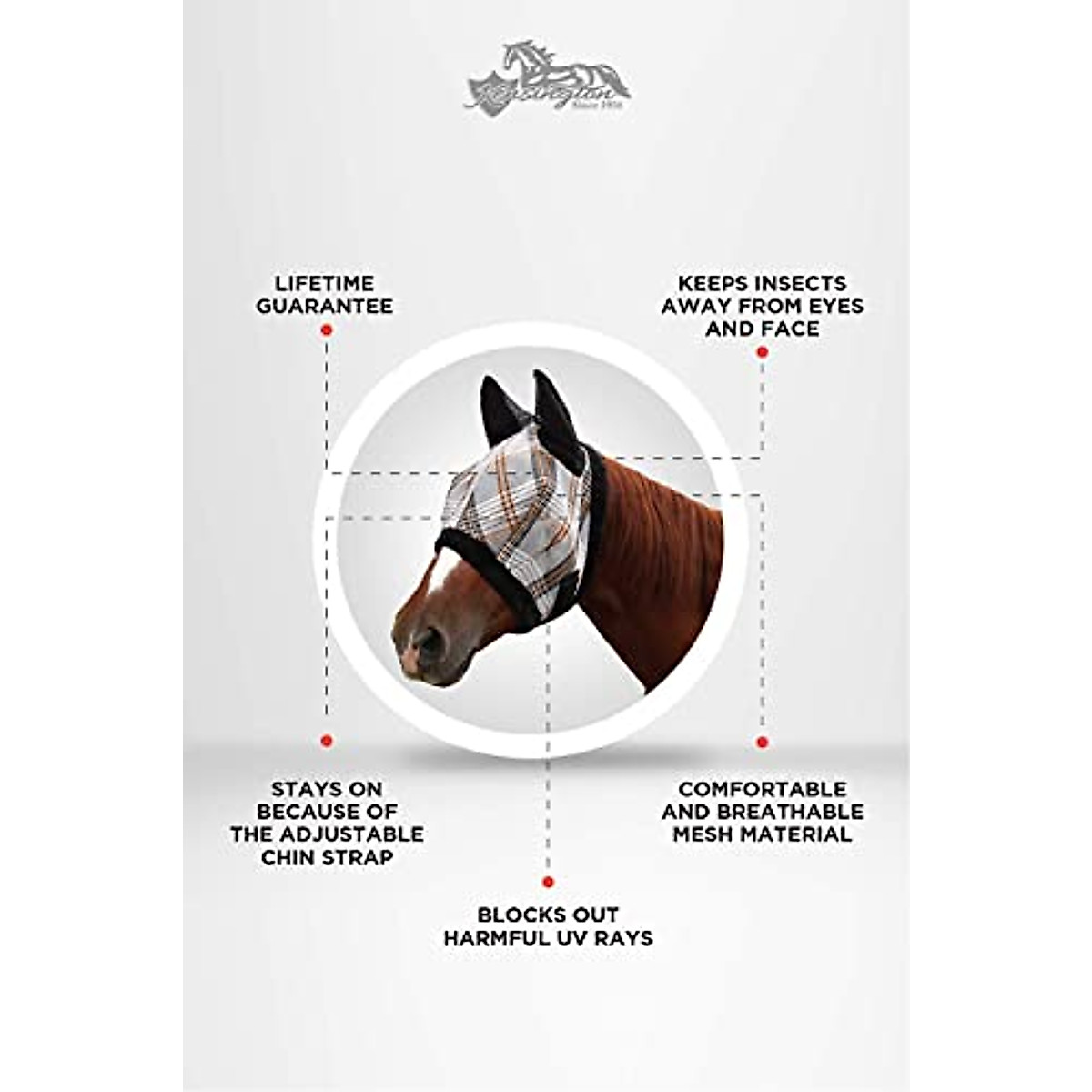 Kensington Fly Mask with Fleece Trim for Horses — Protects Face and Eyes From Flies and UV Rays While Allowing Full Visibility — Breathable and Non Heat Transferring Makes it Perfect Year Round, Large, Deluxe Black Plaid