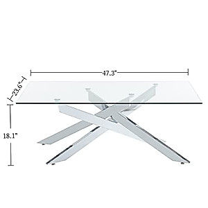 Rectangle Modern Coffee Table, Tempered Glass Top and Metal Tubular Leg, 47.3”Lx23.6”Wx18.1”H, Silver