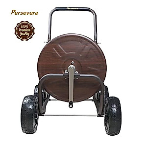 Persevere Garden Hose Reel Cart with 4 Wheels 5/8Inch x 300ft Frame Material Stainless Steel Classic Water hose reel mobile carts Watering Outdoor Yard/Lawn/Farm（Wood Grain Color)
