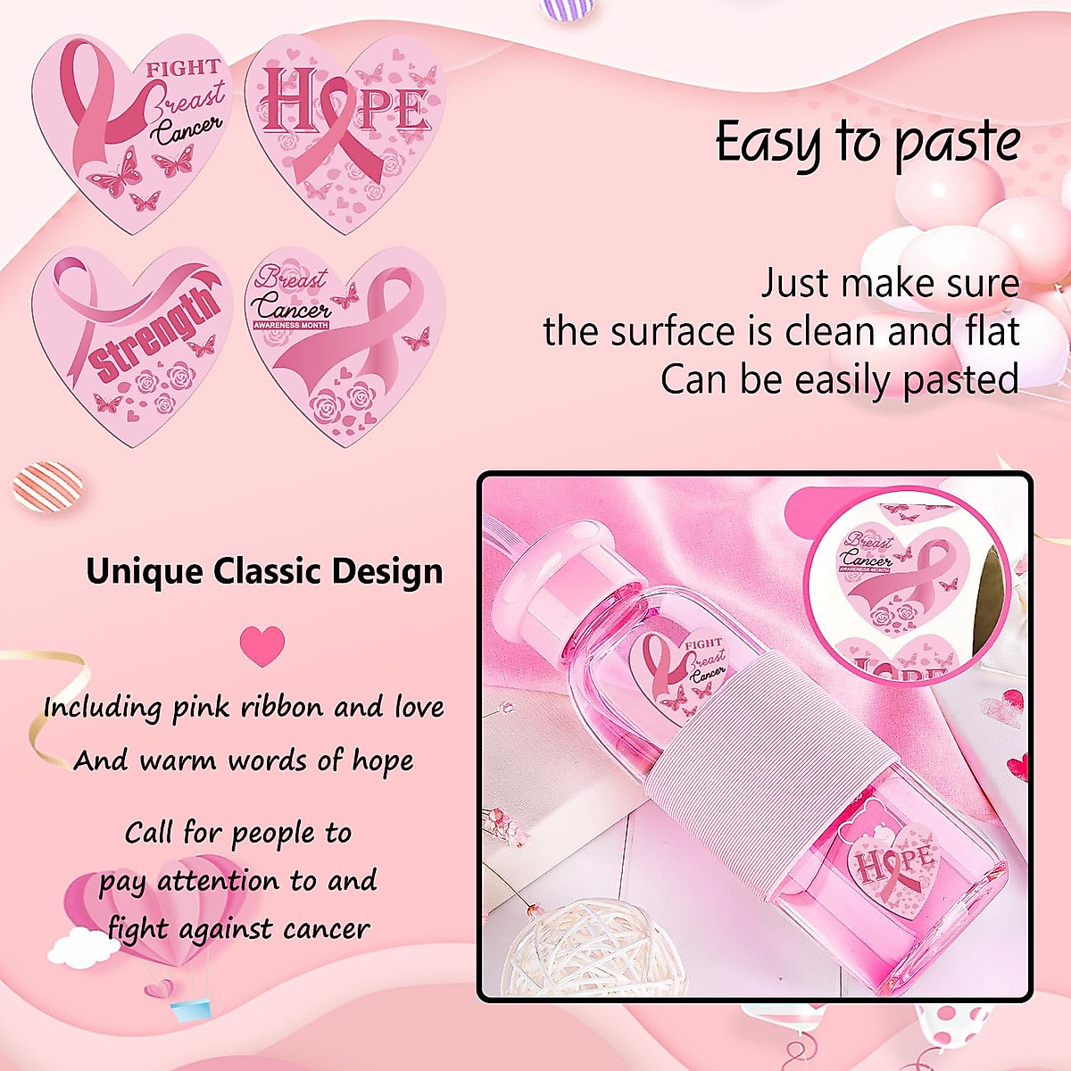 Breast Cancer Awareness Stickers 2 Inch Pink Heart Shaped Official Breast Cancer Hope Sticker for Women Girls,Charity Public Fundraising Favors Party Supplies 500 Pcs