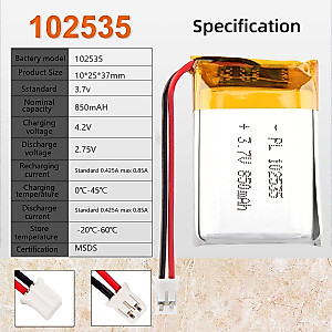 YDL 3.7V 850mAh 102535 Lipo Battery Rechargeable Lithium Polymer ion Battery Pack with PH2.0mm JST Connector