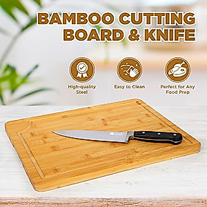 Large Bamboo Cutting Board & Chef knife Set, Home Essentials Kitchen Accessories, Butcher Block Chopping Board, Stainless Steel Meat Butcher Knife - 8 inch Forged Chefs Knife Kitchen Knives