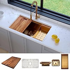 STRICTLY SINKS 32” Gold Work Station Kitchen Sink Undermount Accessory Shelf Single Bowl Square Drain Stainless Steel 90 Degree Radius 16 Gauge–With Single Square Disposal Adapter